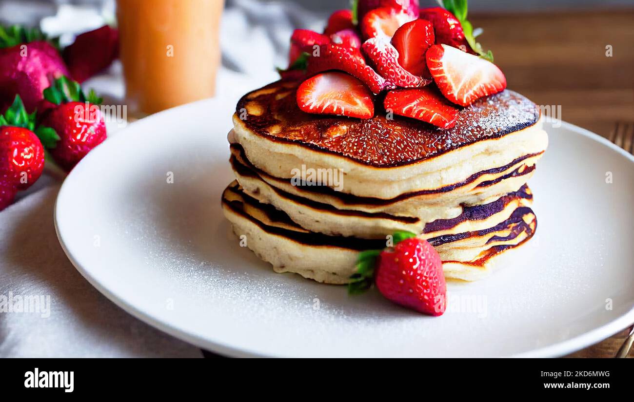 The close-up view of pancakes on a white plate with strawberry topping ...