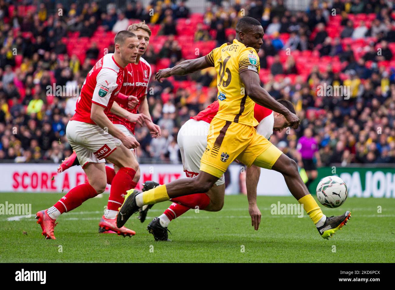 Isaac Olaofe of Sutton United controls the ball during the Papa John ...