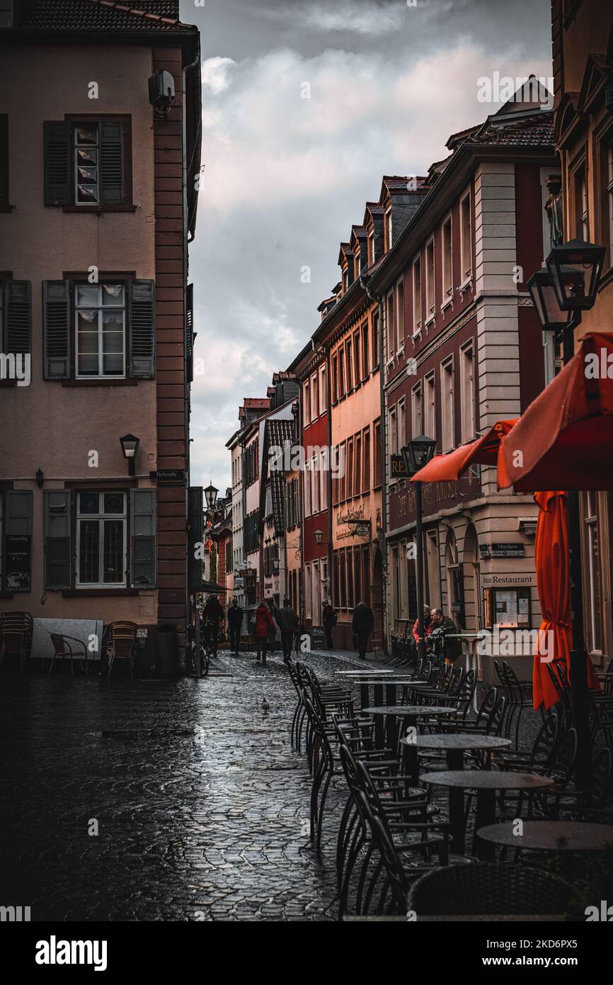 A vertical shot of the old and medieval streets of Heidelberg in ...