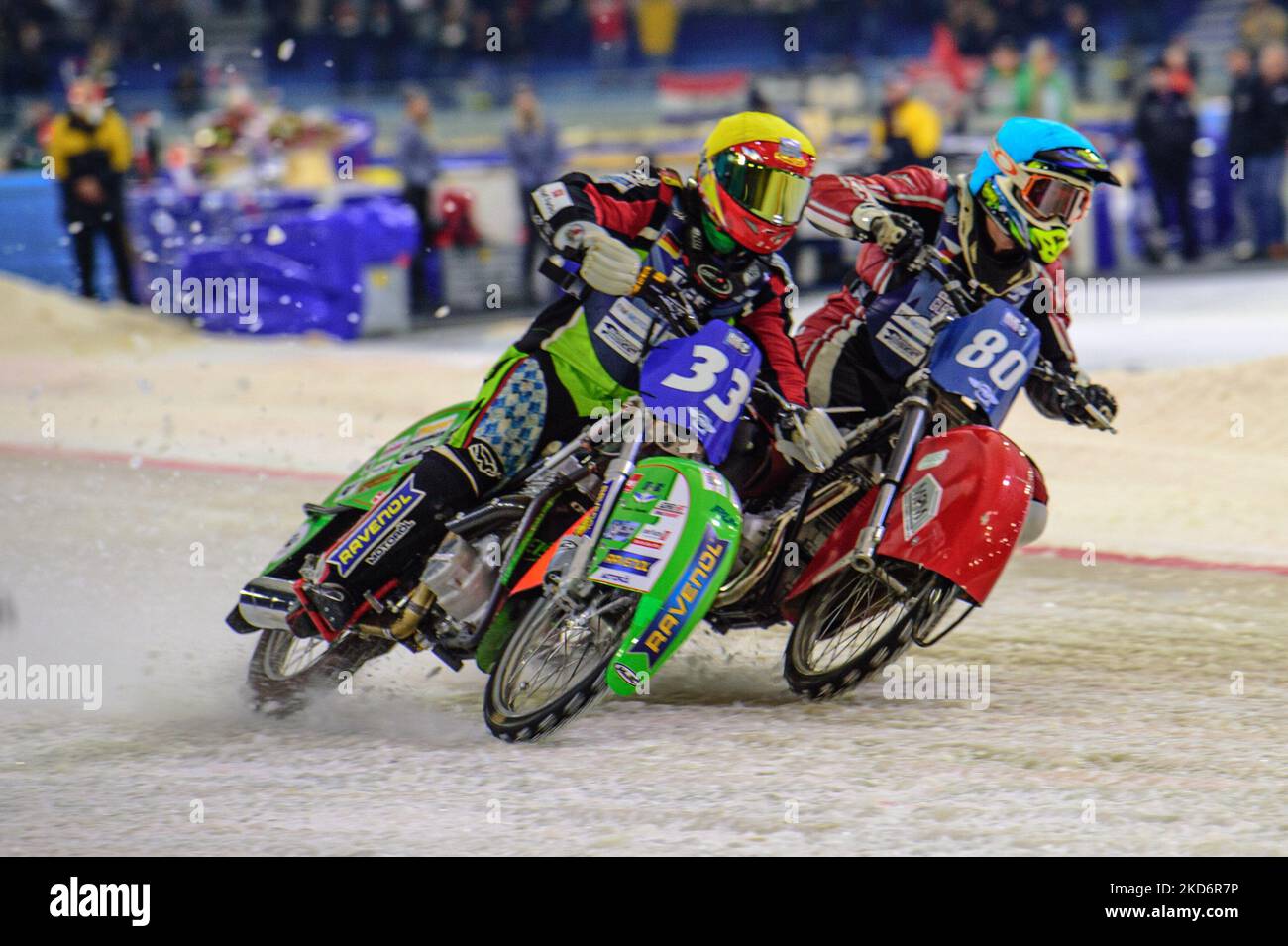 Johann Weber (33) (Yellow) outside Jiri Wildt (80) (Blue) during the ...