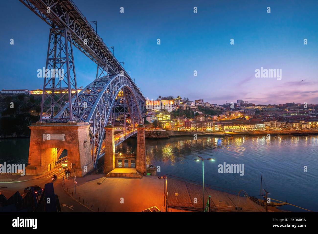 Illuminated Dom Luis I Bridge, Vila Nova de Gaia skyline and Douro ...
