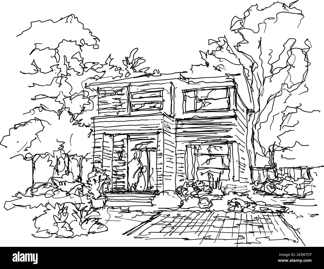 hand drawn architectural sketch of beautiful modern detached village ...