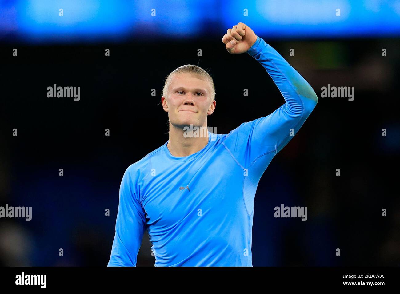Erling Haaland #9 of Manchester City celebrates the 2-1 victory at the ...