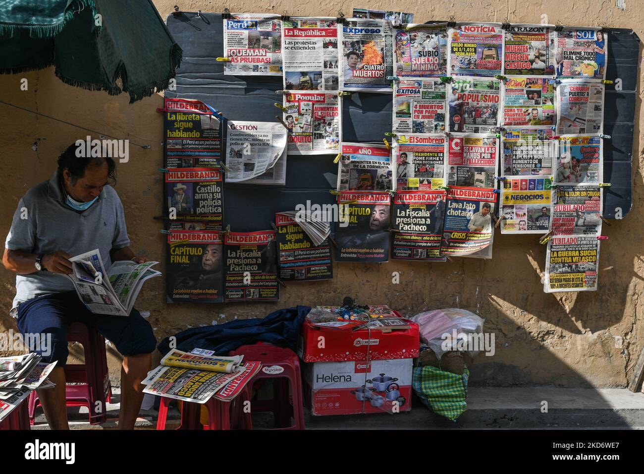 Front pages of Peruvian national and regional newspapers for sale at a ...