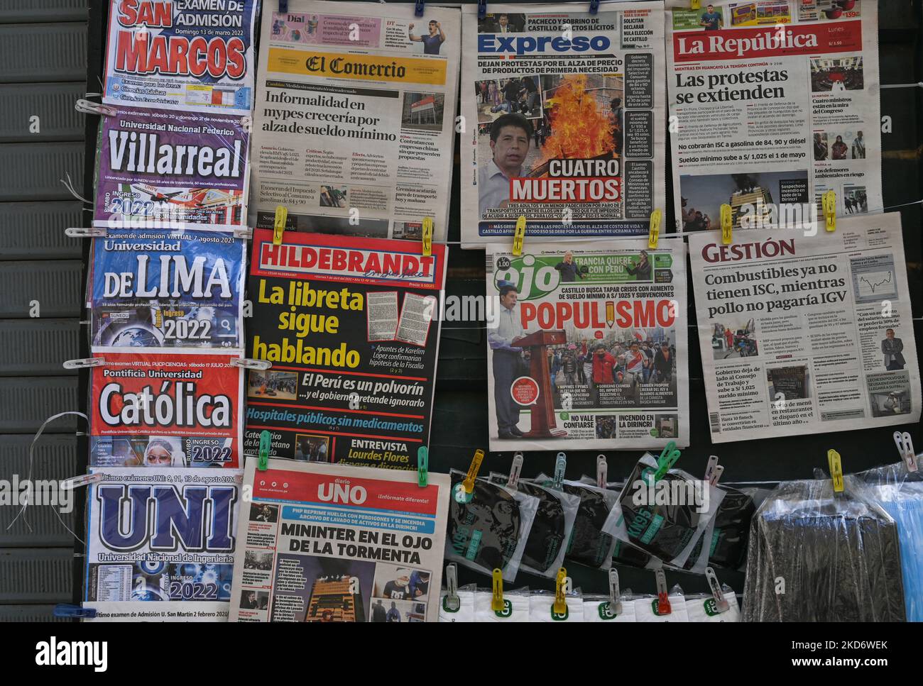 Front pages of Peruvian national and regional newspapers for sale at a ...