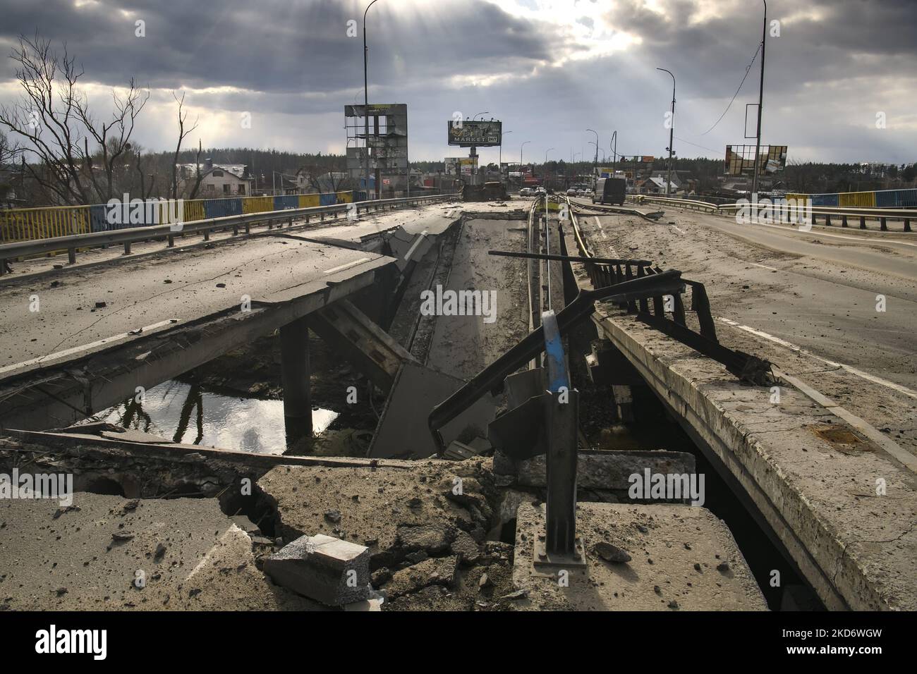 A damaged bridge in the recaptured by the Ukrainian army Bucha city ...