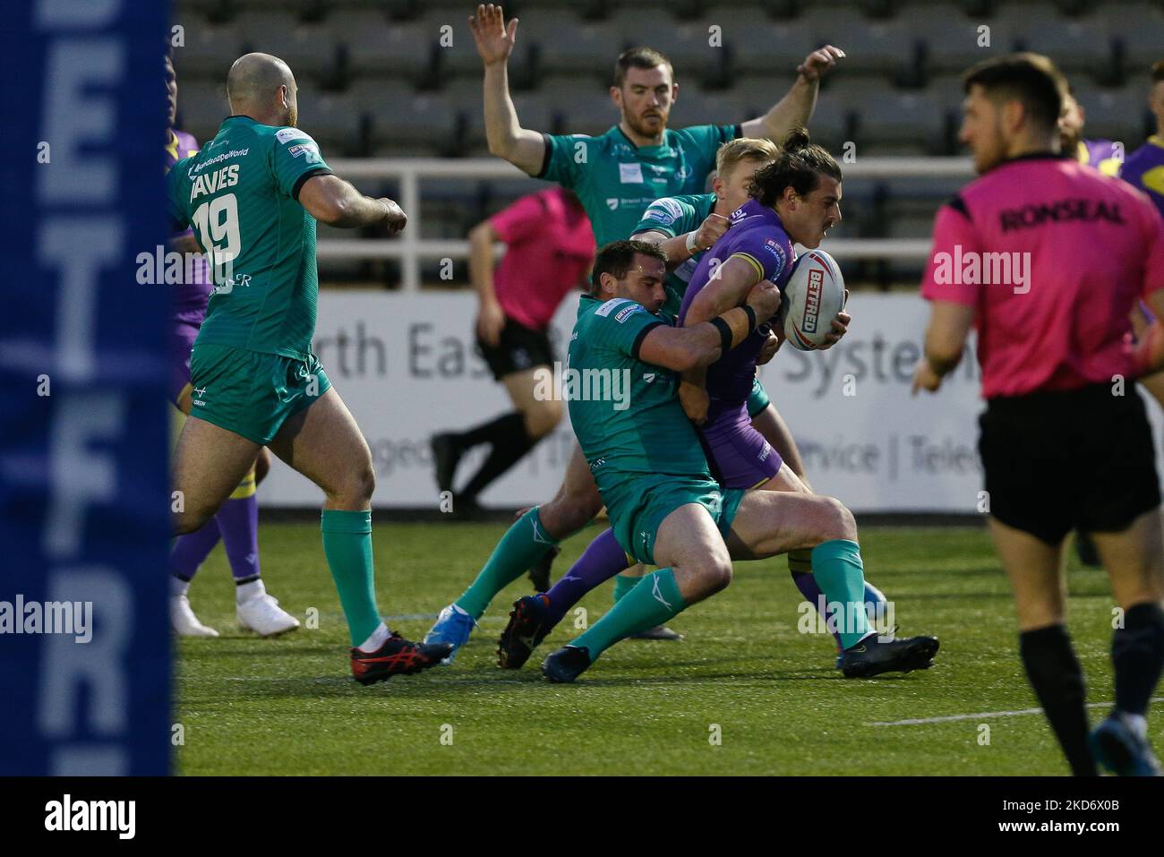Craig Mullen of Newcastle Thunder is hauled down during the BETFRED ...