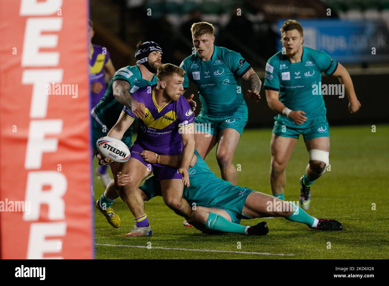 Sam Hallas of Newcastle Thunder looks for the offload during the ...