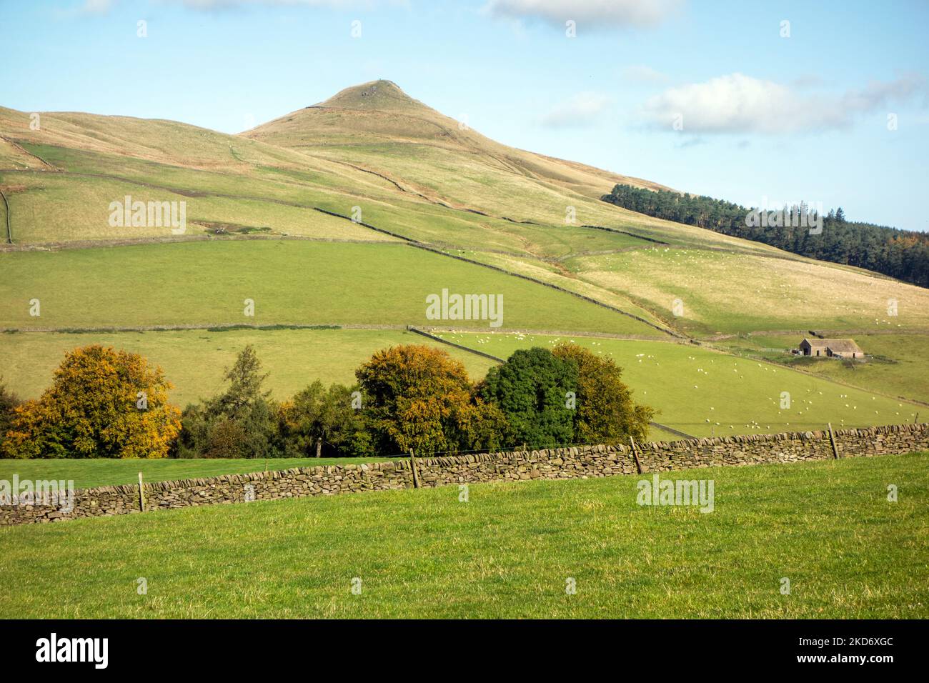 Shutlingsloe hill viewed over dry stone wall near the village of ...