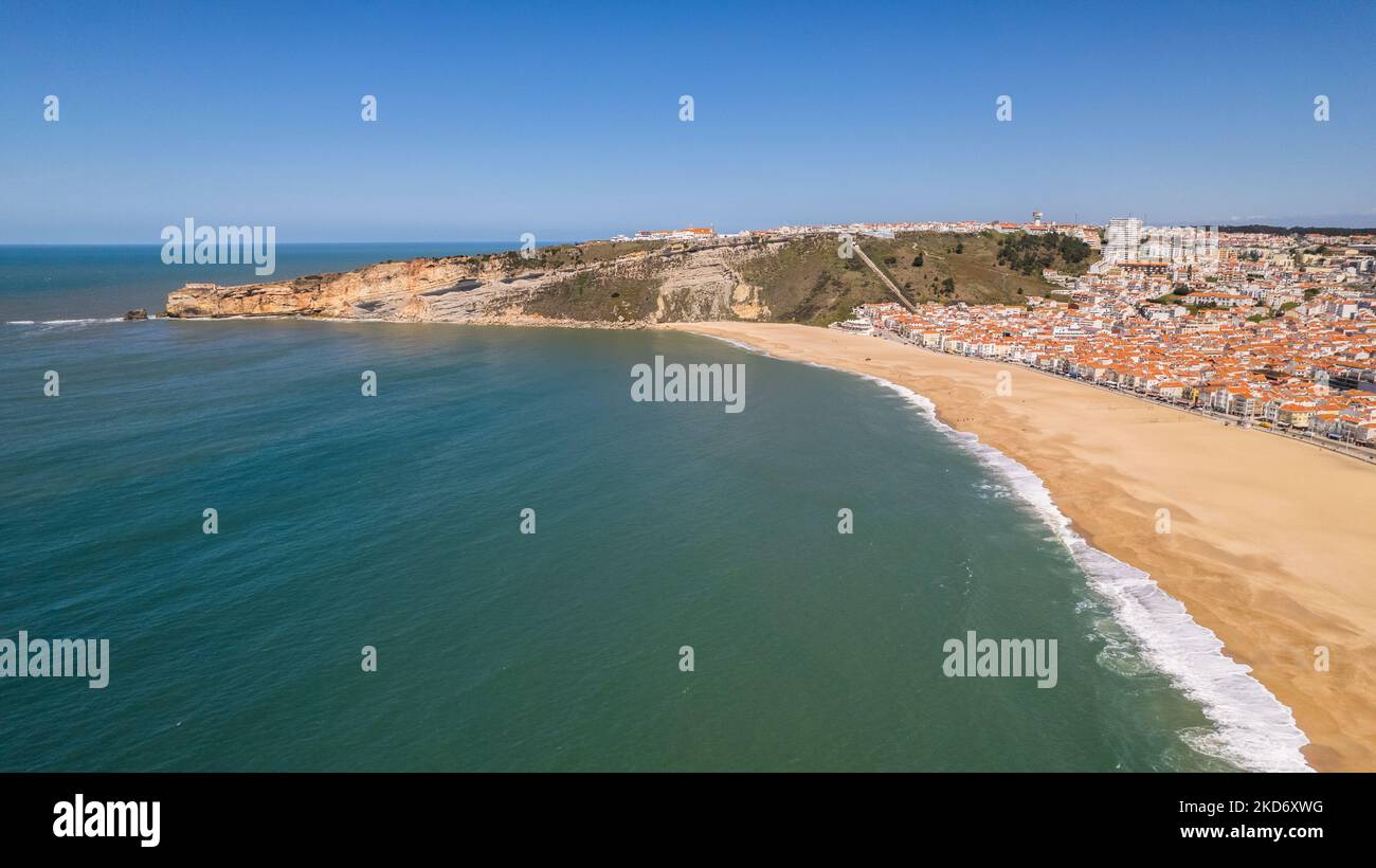 A drone view of Nazare, Portugal, on April 1, 2022. Nazaré ...