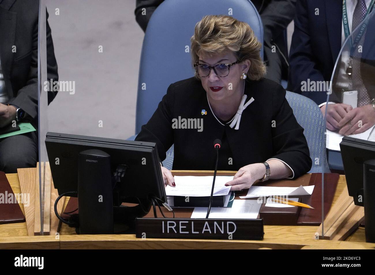 Ireland's UN Ambassador Geraldine Byrne Nason, speaks during a meeting ...