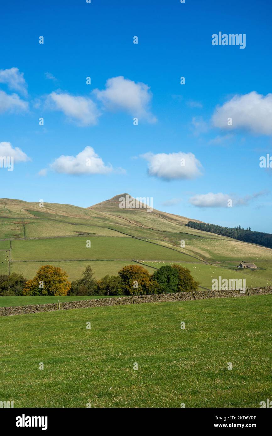 Shutlingsloe hill viewed over dry stone wall near the village of ...