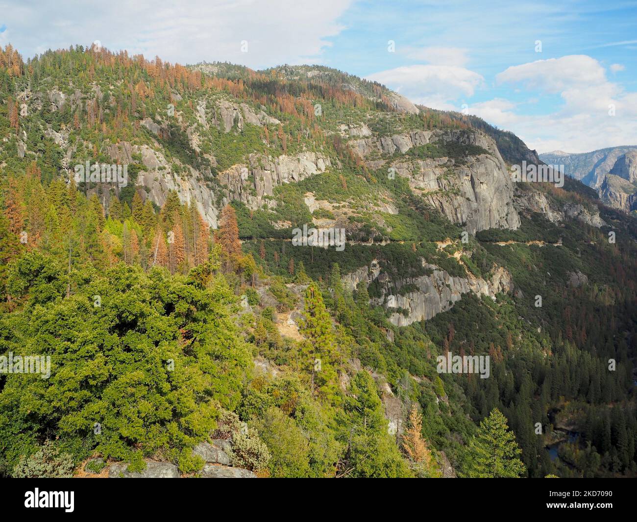 The Yosemite Valley rocky mountains covered with green, yellow and red ...