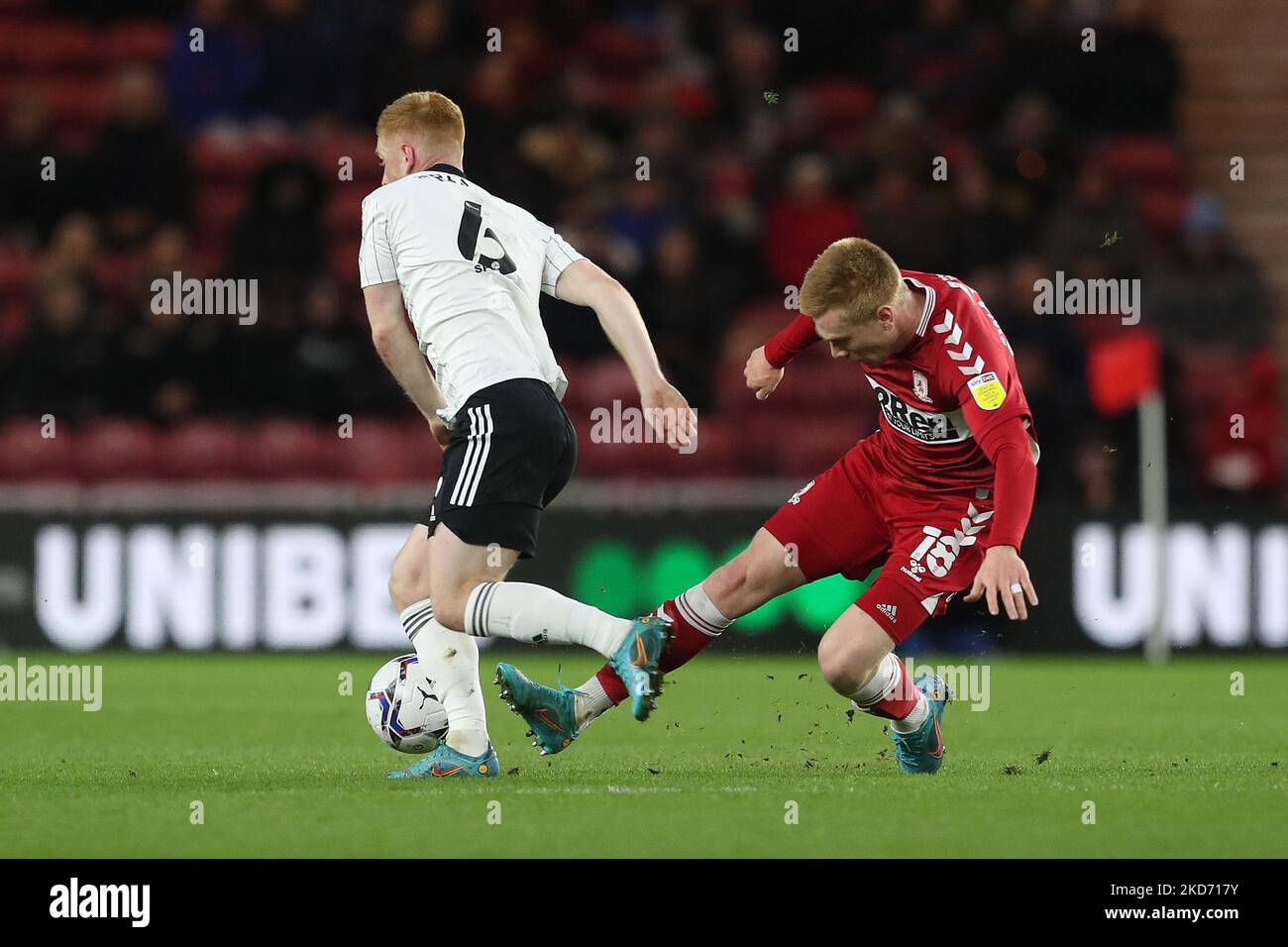 Fulham's Harrison Reed in action with Middlesbrough's Duncan Watmore ...