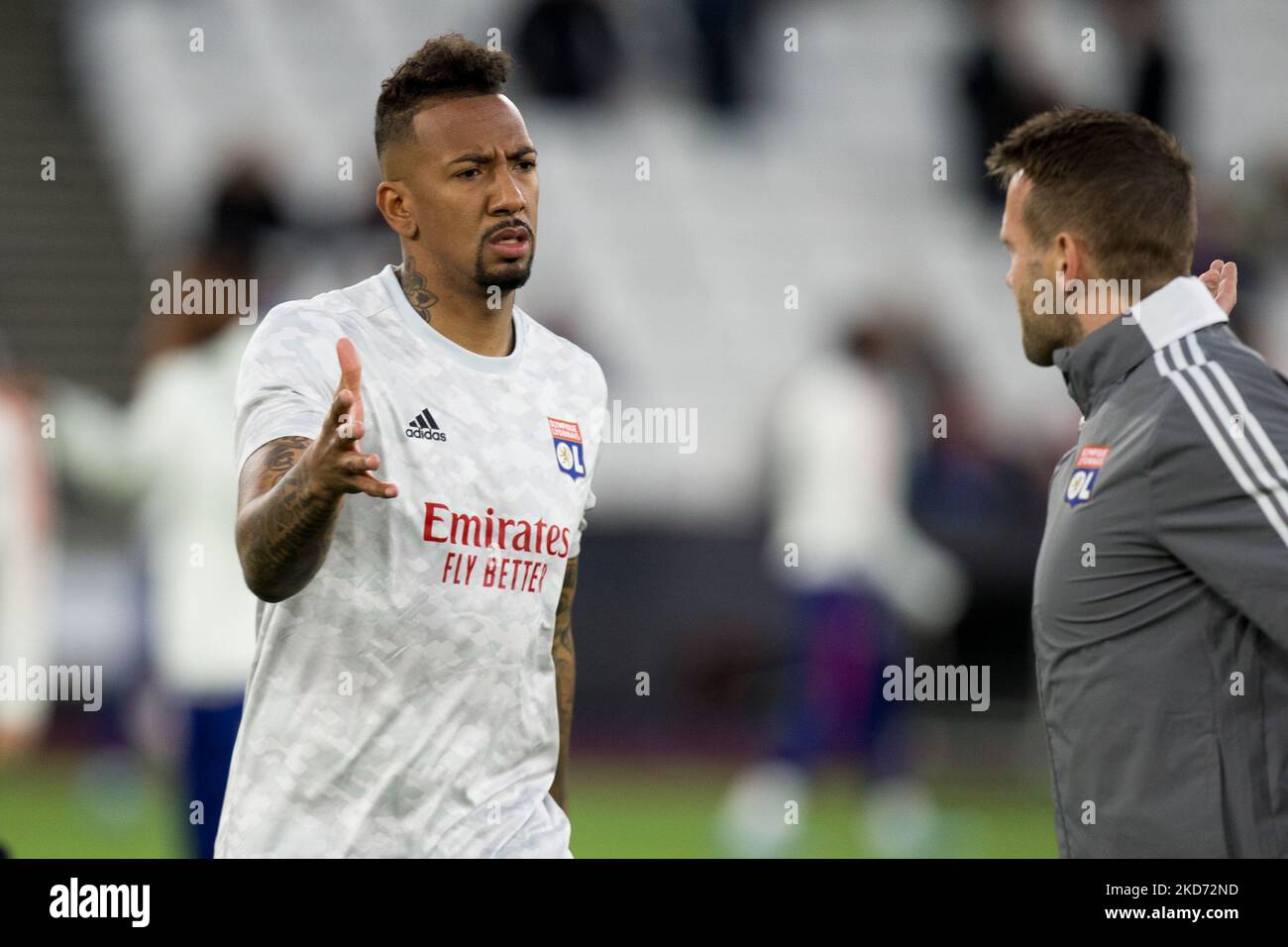Olympique Lyonnais squad warms up during the UEFA Europa League Quarter ...