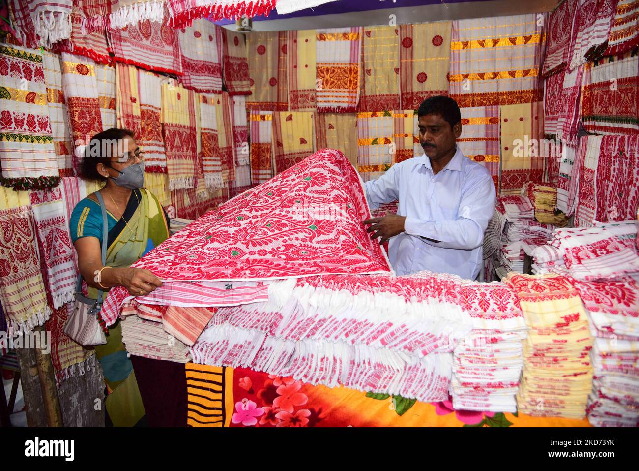 Vendor selling Assamese Traditional Gamosa for upcoming Rongali Bihu ...