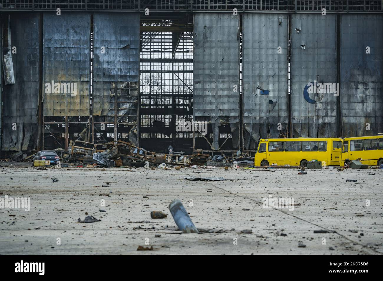 A rocket nailed in the airfield of the Gostomel airport in front of a ...