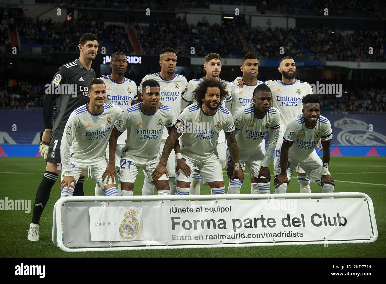Real Madrid line up (R-L) Thibaut Courtois, David Alaba, Eder Militao ...