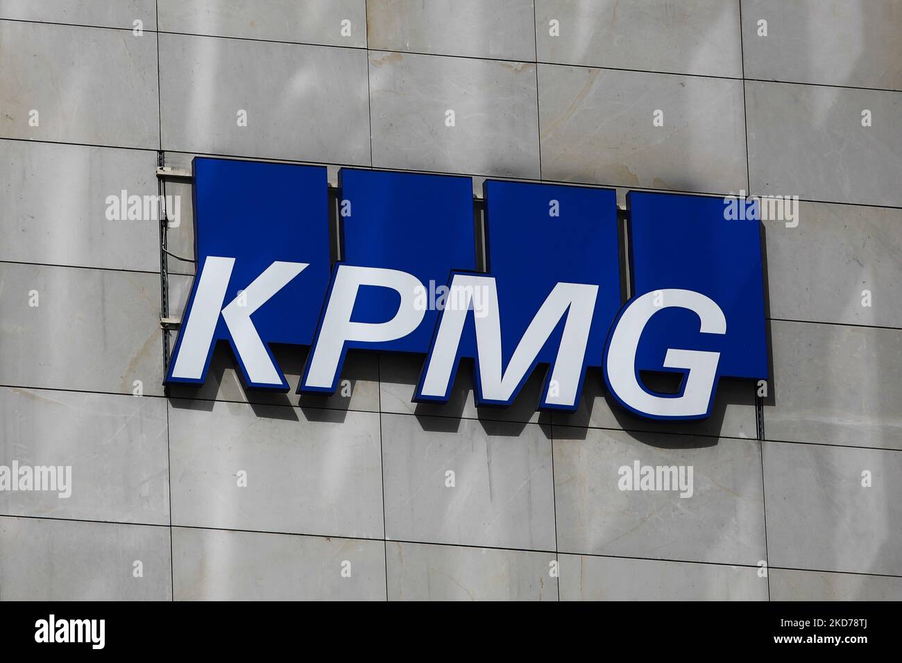KPMG logo is seen on the office building in Krakow, Poland on April 8 ...