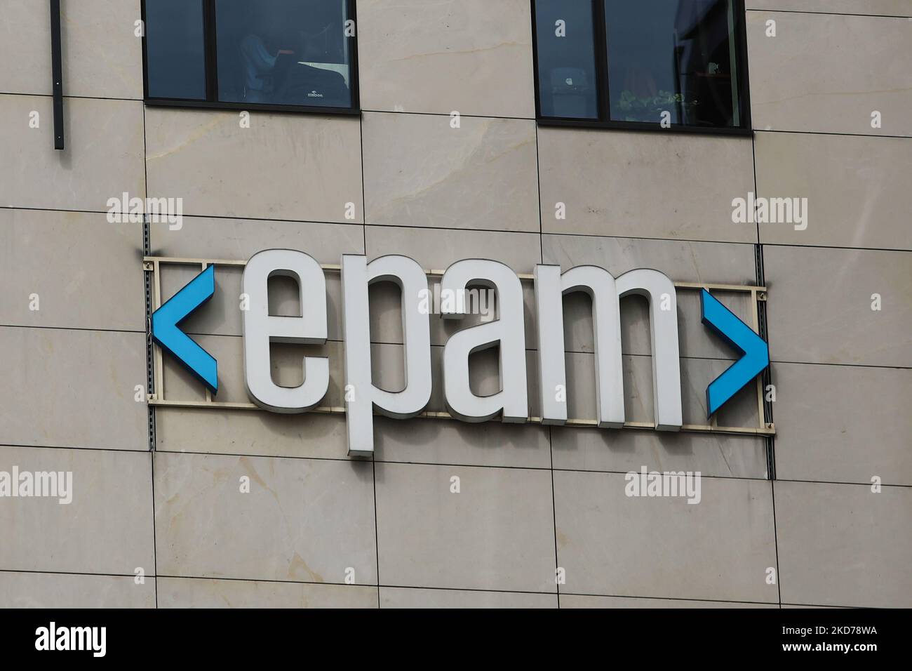 Epam logo is seen on the office building in Krakow, Poland on April 8 ...