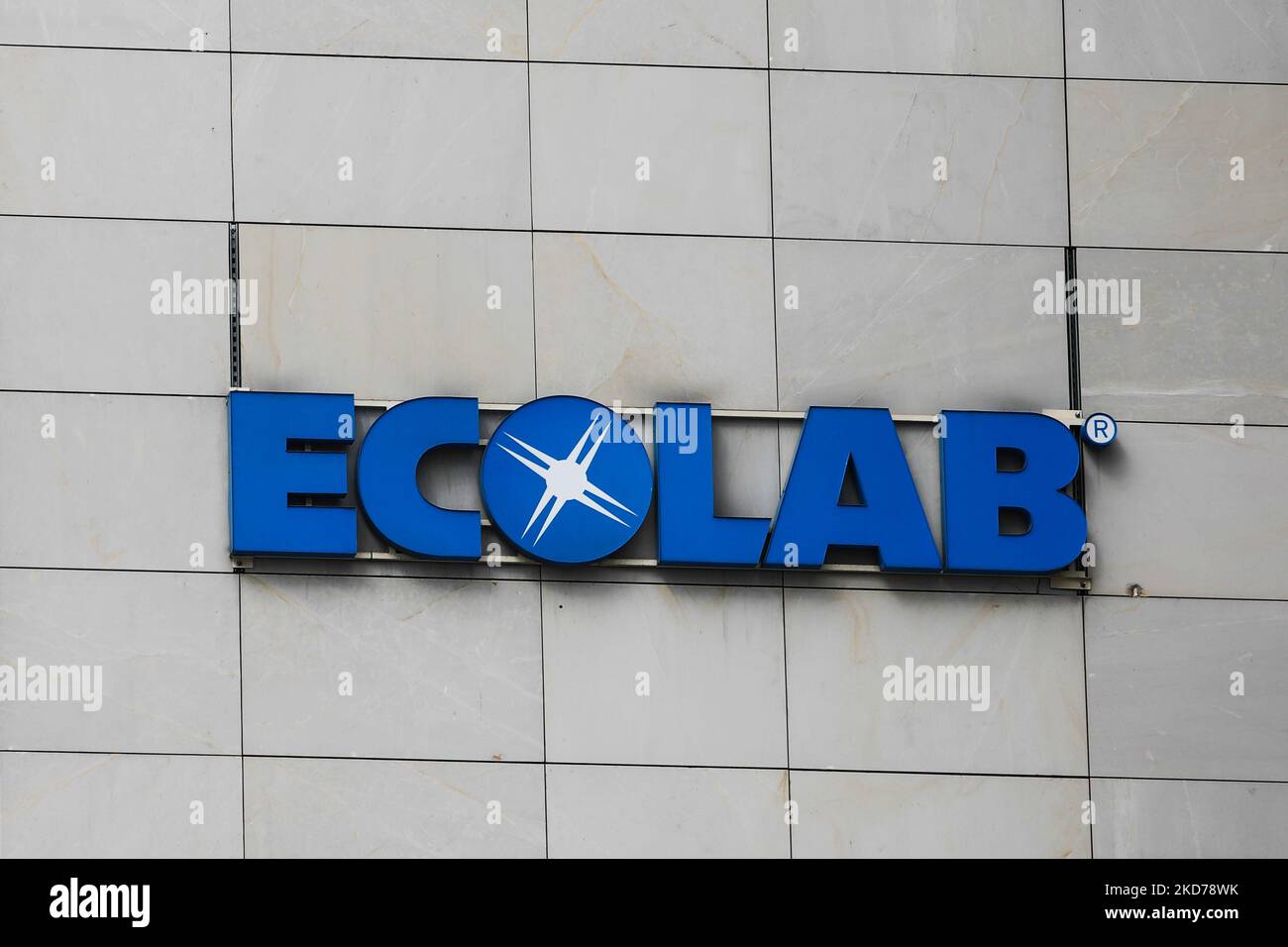 Ecolab logo is seen on the office building in Krakow, Poland on April 8 ...