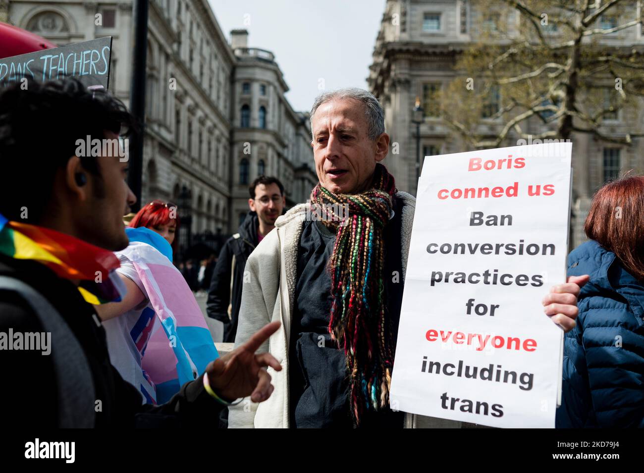 Peter Tatchell takes part in a demonstration outside Downing Street in ...