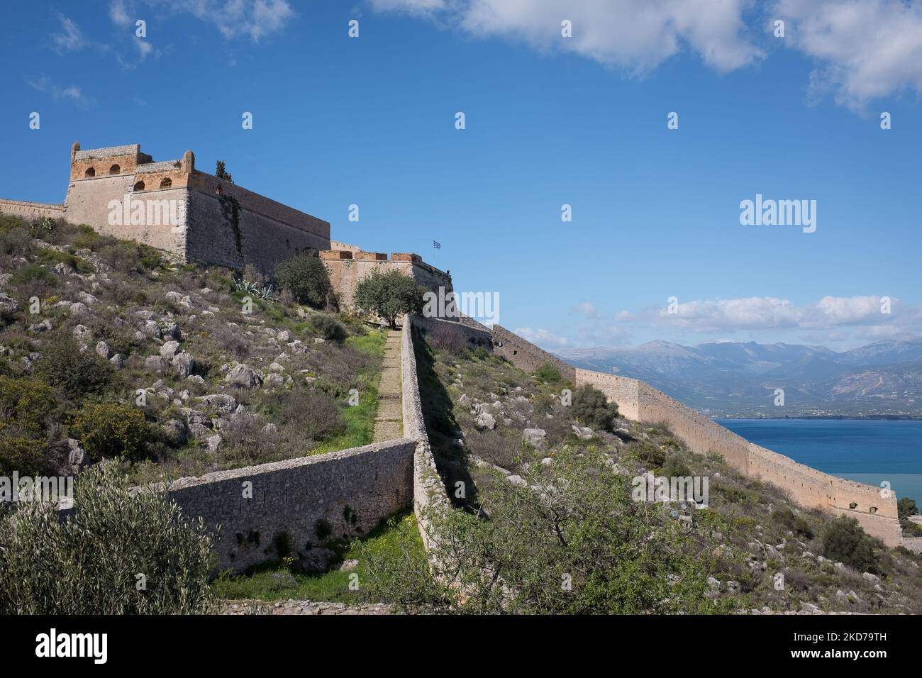 The fort of Palamidi on April 10, 2020 in Nafplio, Greece. The fort of ...