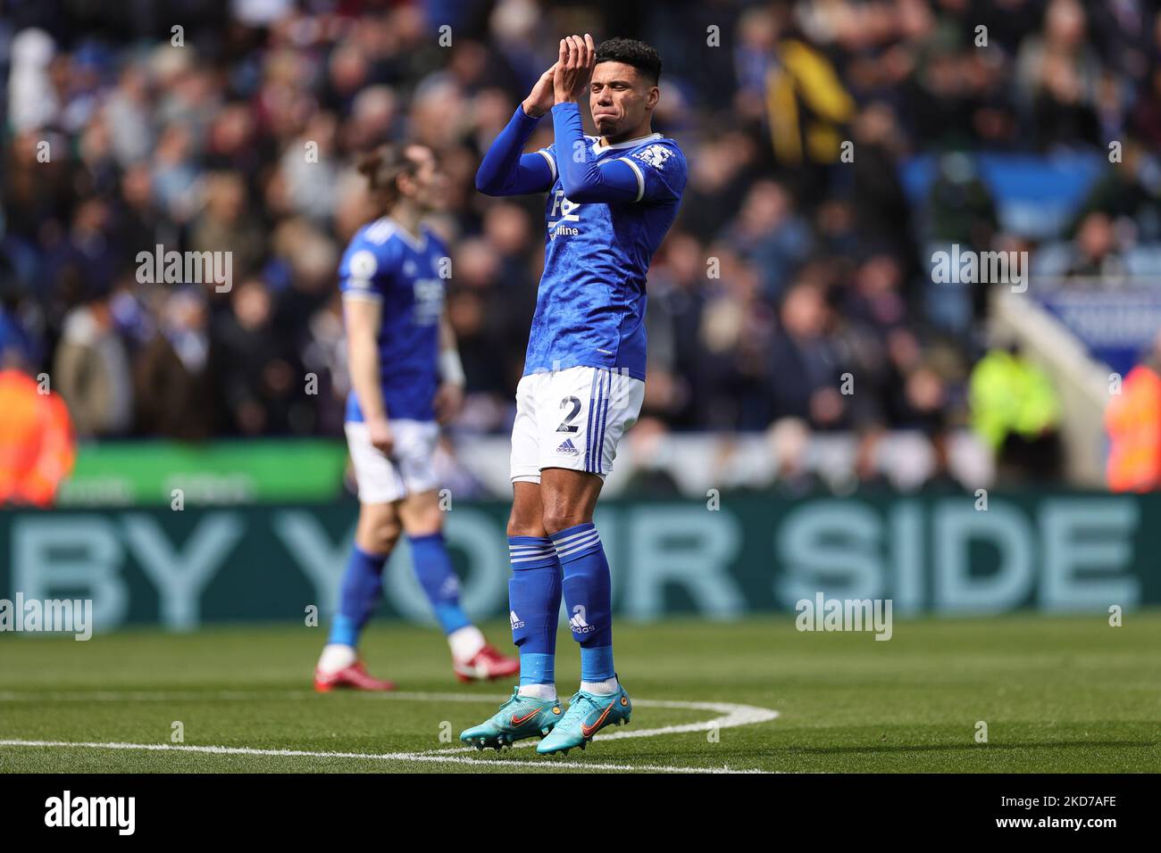 James Justin of Leicester City applauds the fans ahead of kickoff during the Premier League ...