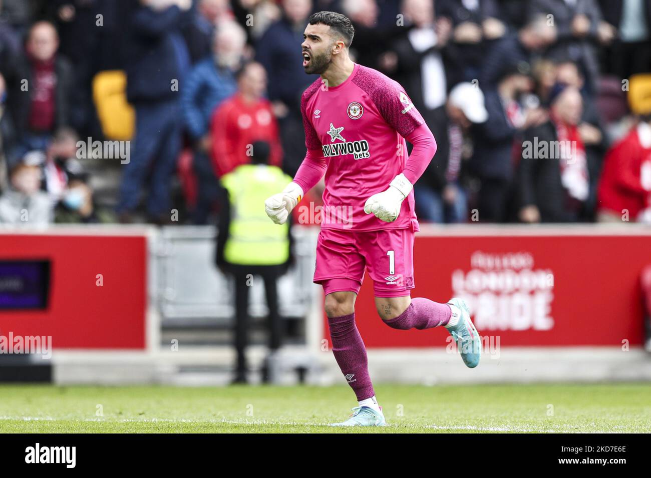 David Raya of Brentford celebrates Ivan Toney’s goal during the Premier ...