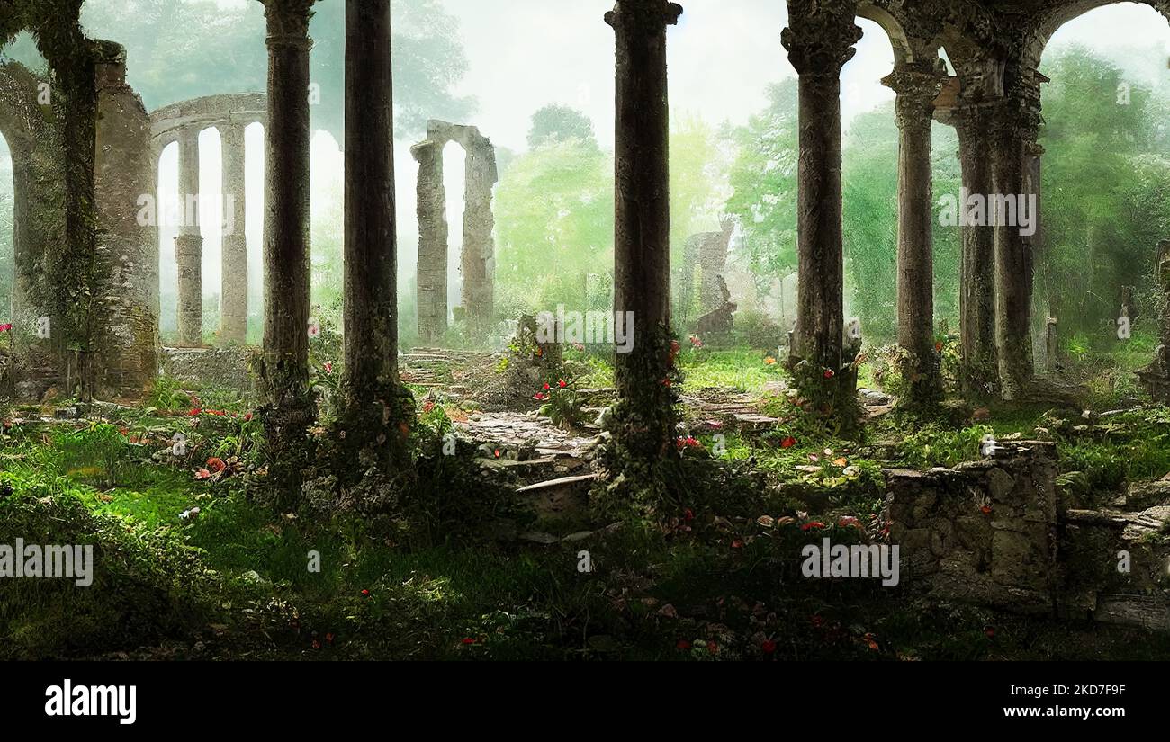 An illustration of overgrown ruins of an arched building, sunlit trees, grass background Stock ...
