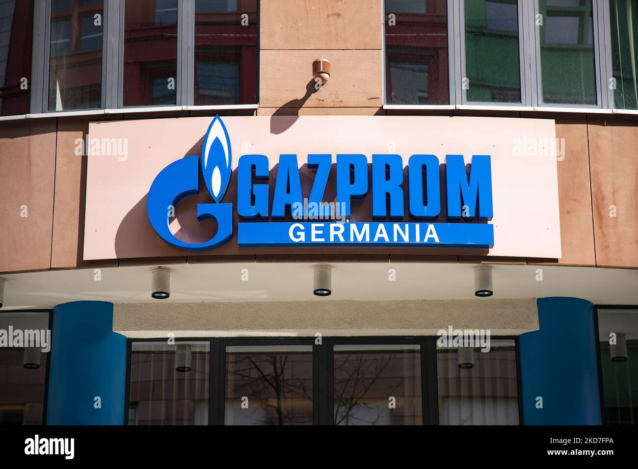 The logo Gazprom Germania is seen at the entrance of the German seat of ...