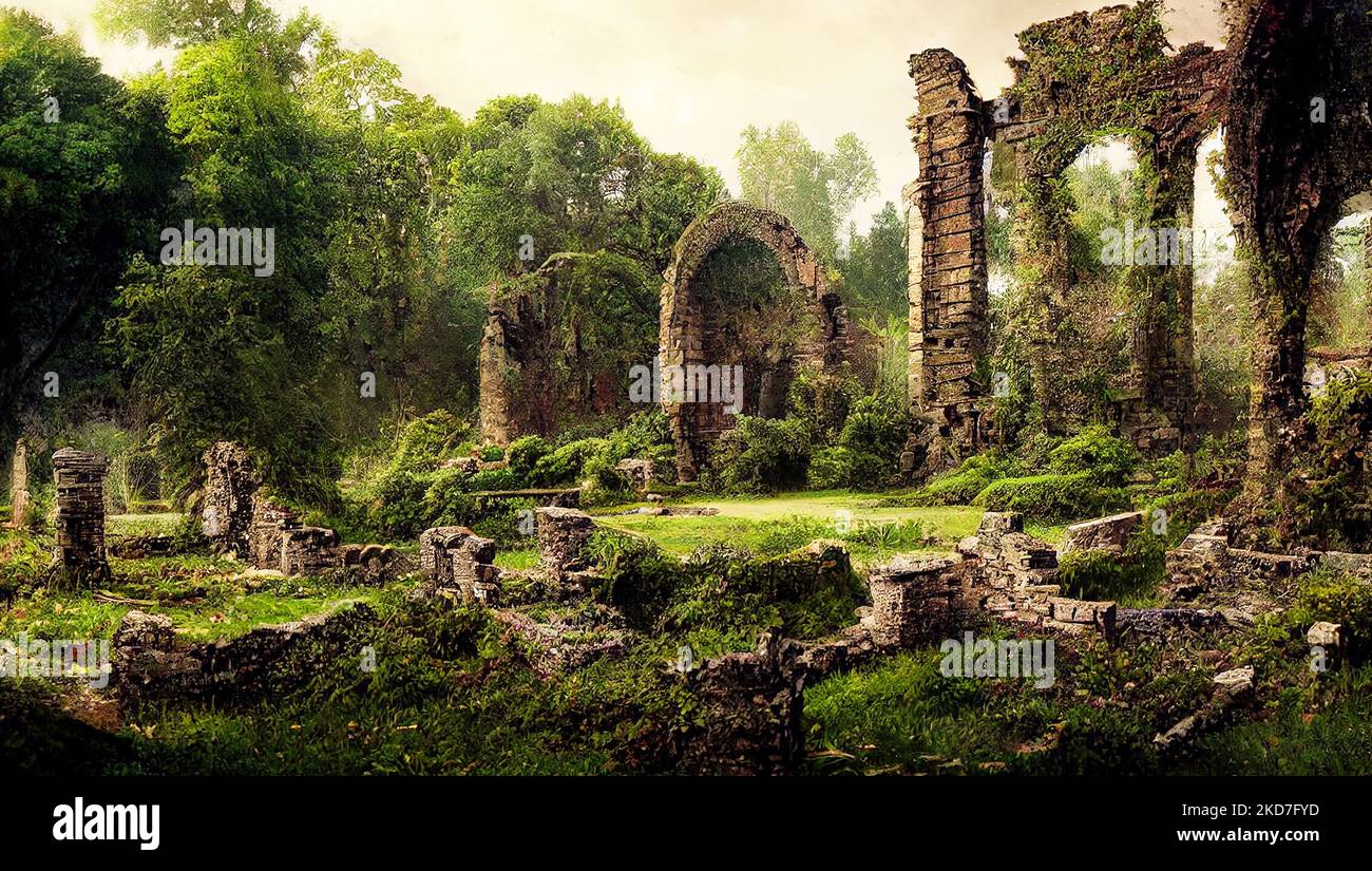 An illustration of overgrown ruins of an arched building, sunlit trees, grass background Stock ...