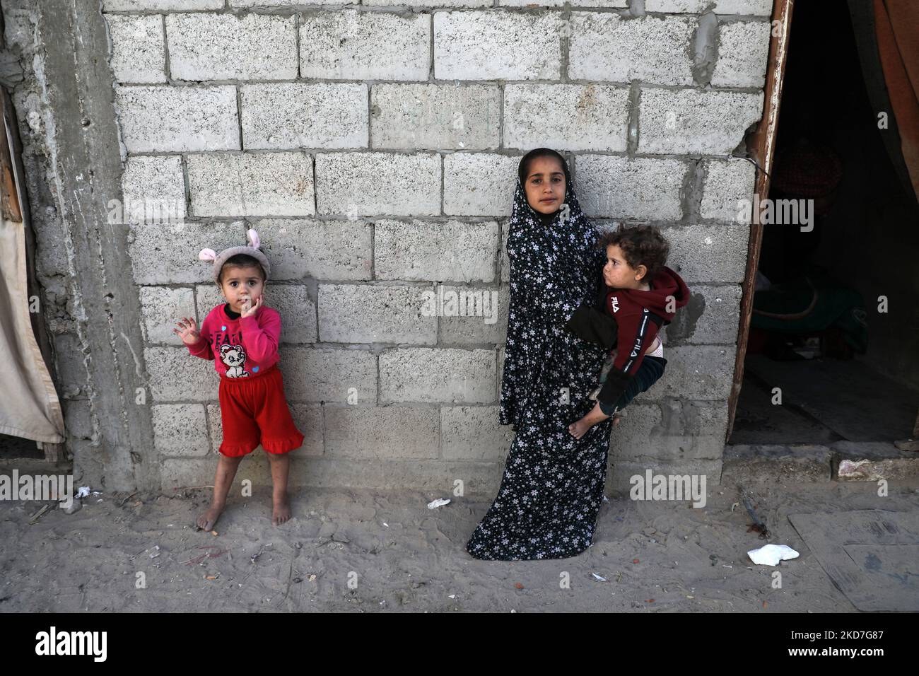 Palestinian children play next their house in Gaza City, Palestine, on ...
