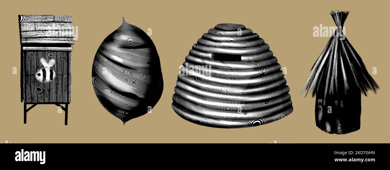 set graphic engraving beehive. House of wild bees. Illustration on a ...
