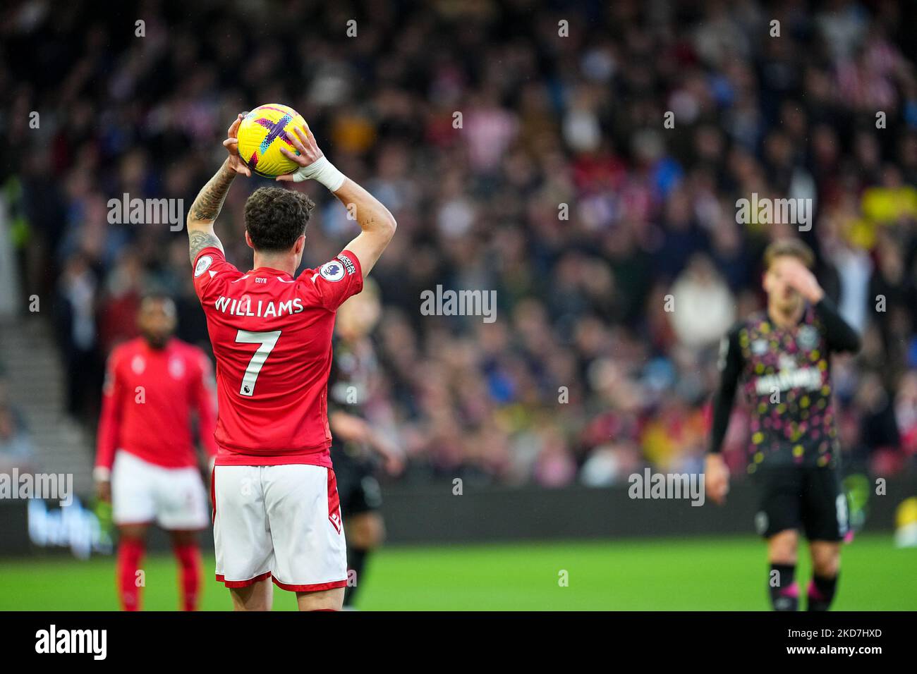 Neco Williams of Nottingham Forest makes a throw in during the Premier ...