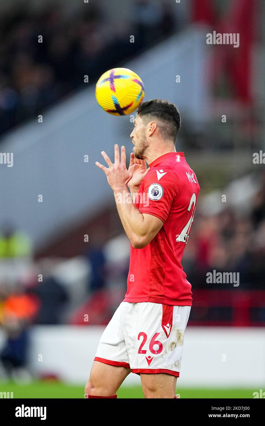 Scott McKenna of Nottingham Forest heads the ball during the Premier ...