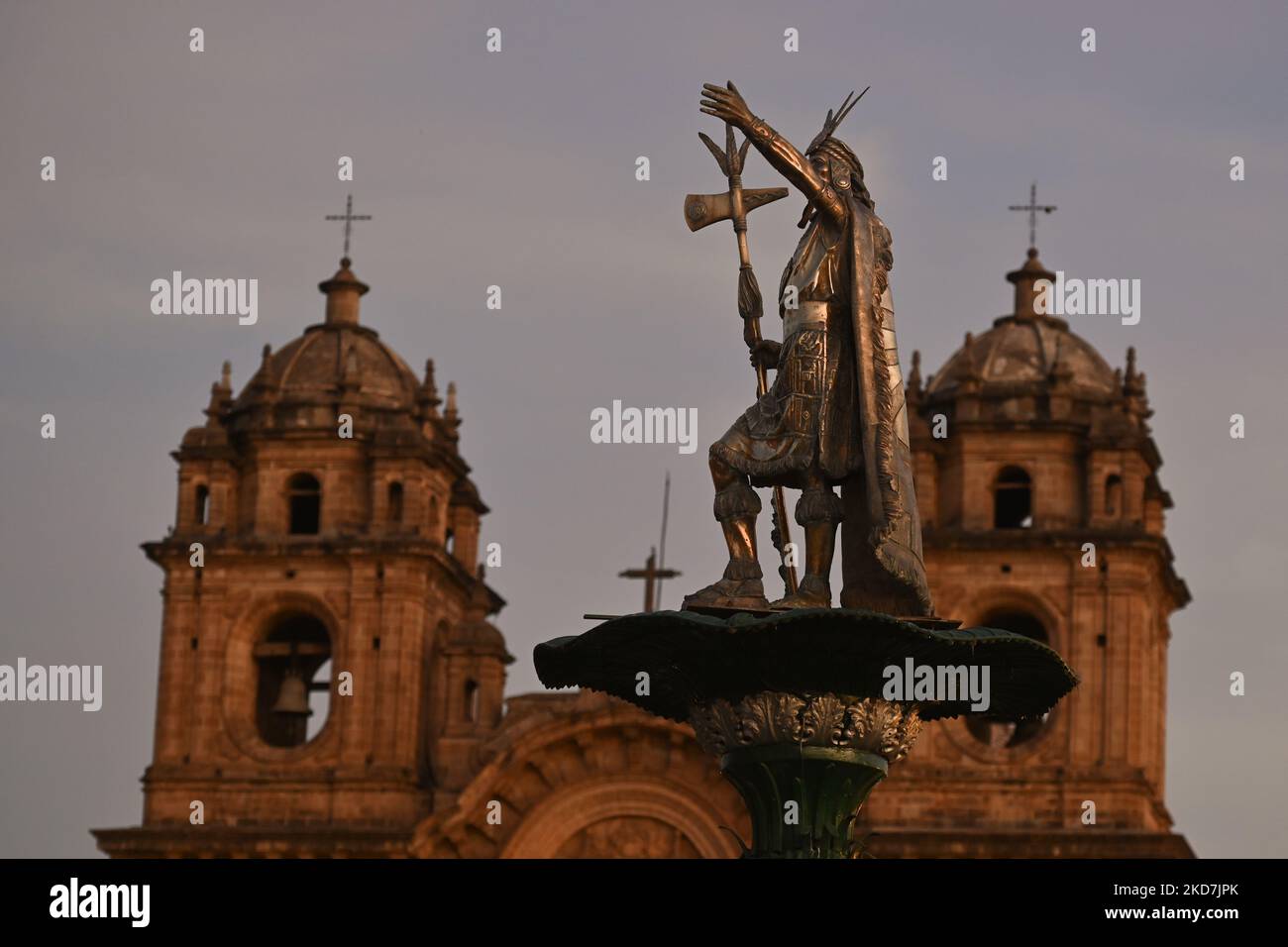 Inca monument in the Plaza de Armas of Cusco in front of the cathedral ...