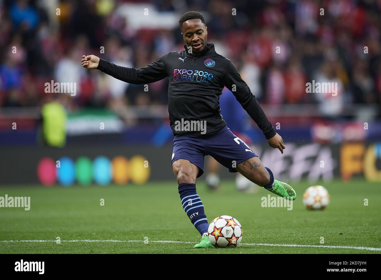Raheem Sterling of Manchester City during the warm-up before the UEFA ...