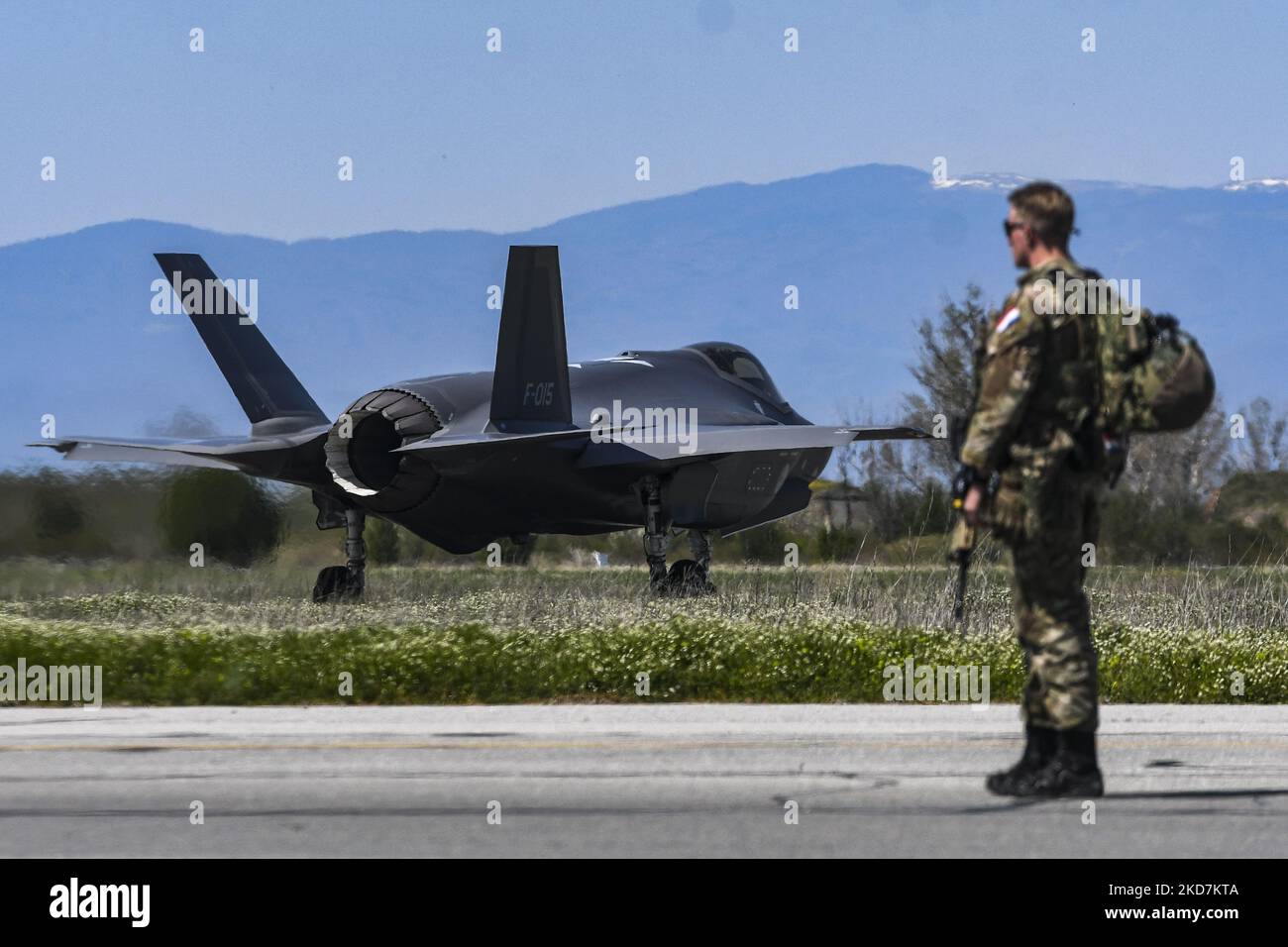 Dutch soldier guards Lockheed Martin F-35 Lightning II jet before take ...