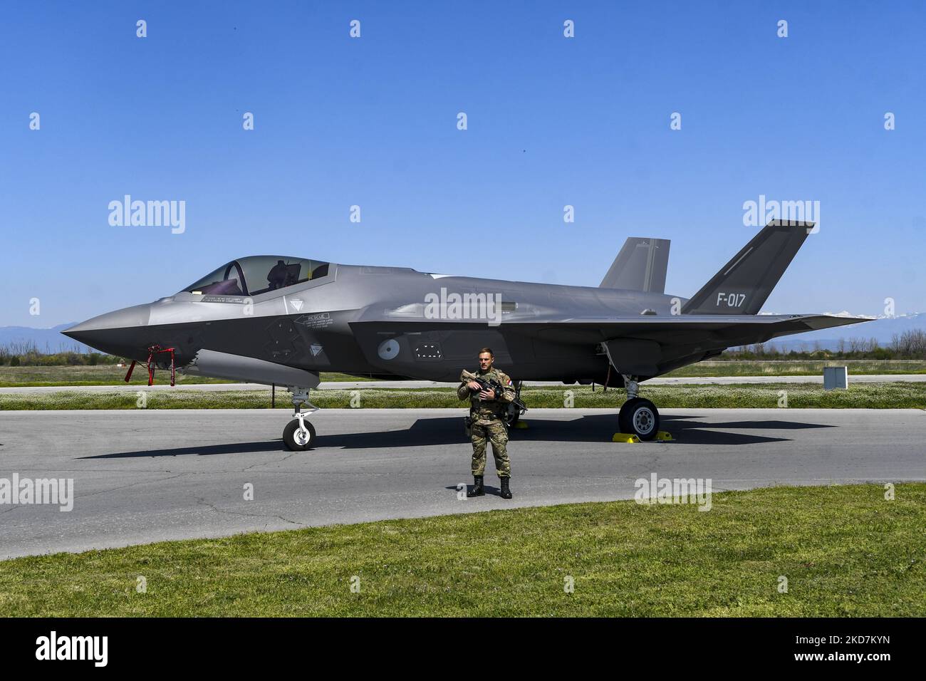 Dutch soldier guards Lockheed Martin F-35 Lightning II jet at Graf ...