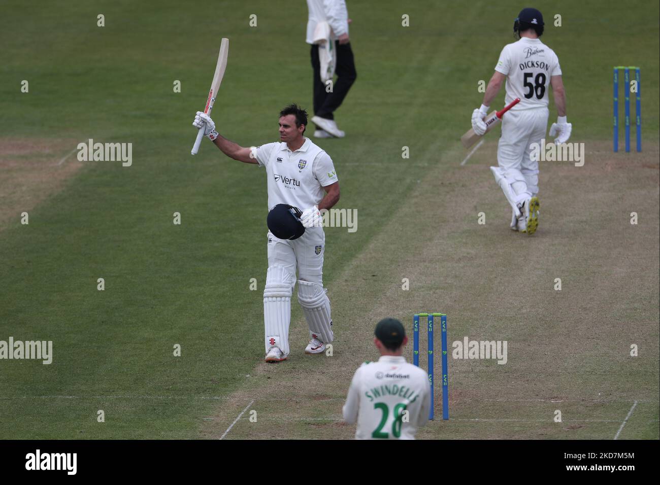 Durham's David Bedingham celebrates after scoring a hundred during the ...