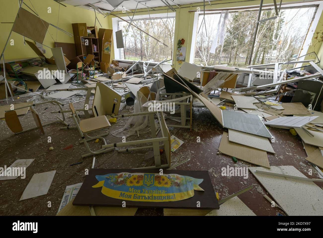 A destroyed classroom inside a school damaged by shelling russian army ...