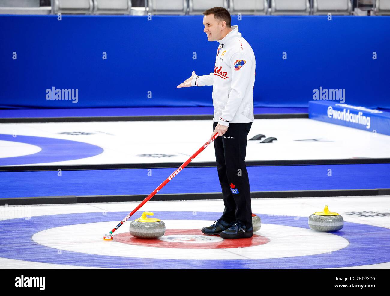 Canada skip Brad Gushue gestures to his teammates during semi-final ...