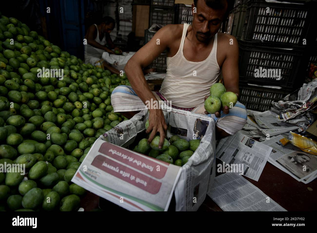 Labours work inside Mango wholesale market shop in Kolkata, India, 18 April, 2022. Mango is a ...
