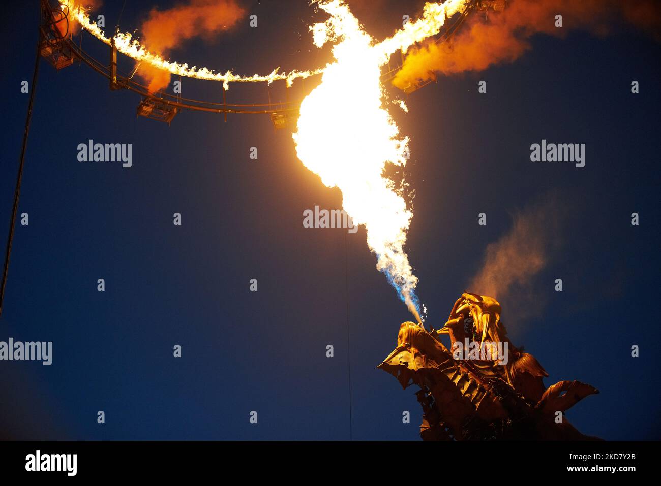 Long-Ma puts a circle on fire. A robot, a mare-dragon called Long-Ma ...