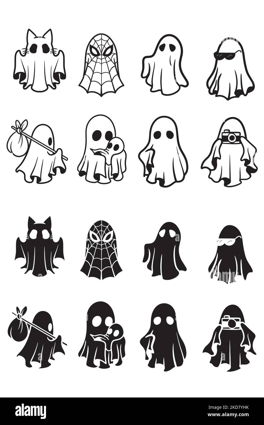 A set of black and white ghost sketches isolated on a white background ...