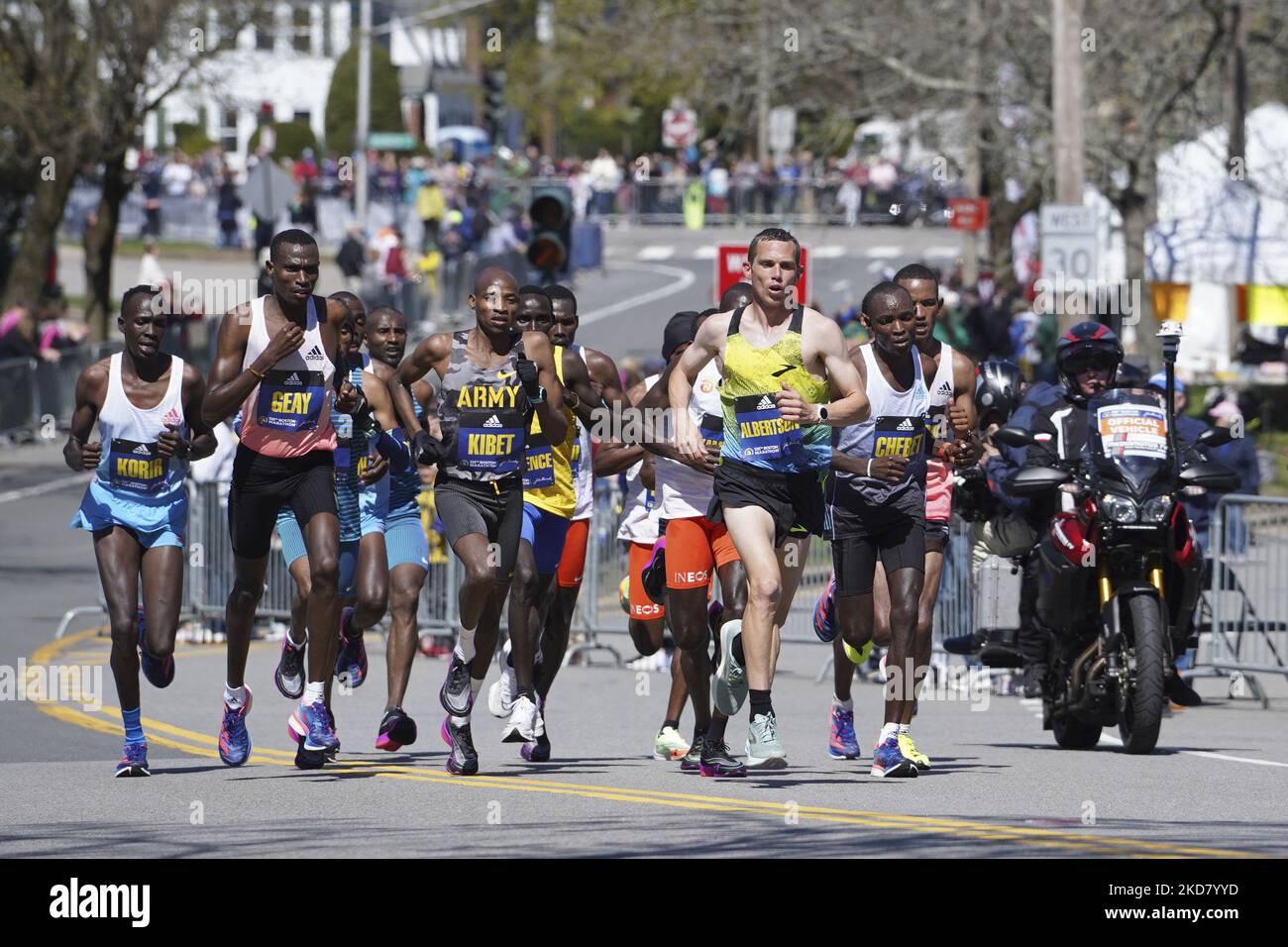 Boston Marathon 2022 leaders, including eventual winner Evans Chebet, r ...