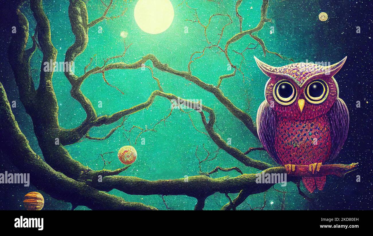 An illustration of an owl standing on a branch of a tree, on the ...