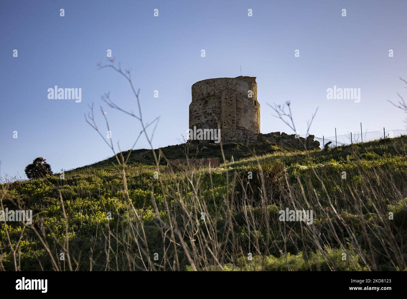 View on the Spanish tower on the Sinis Peninsula in Cabras on Sardinia ...