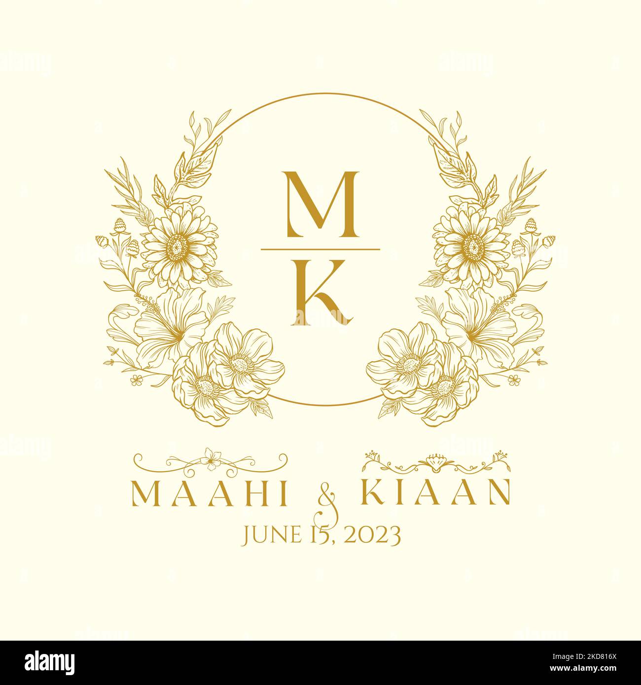 MK initial wedding crest. Luxury Wedding Crest Monogram. Beautiful hand drawn wildflowers Vector ...